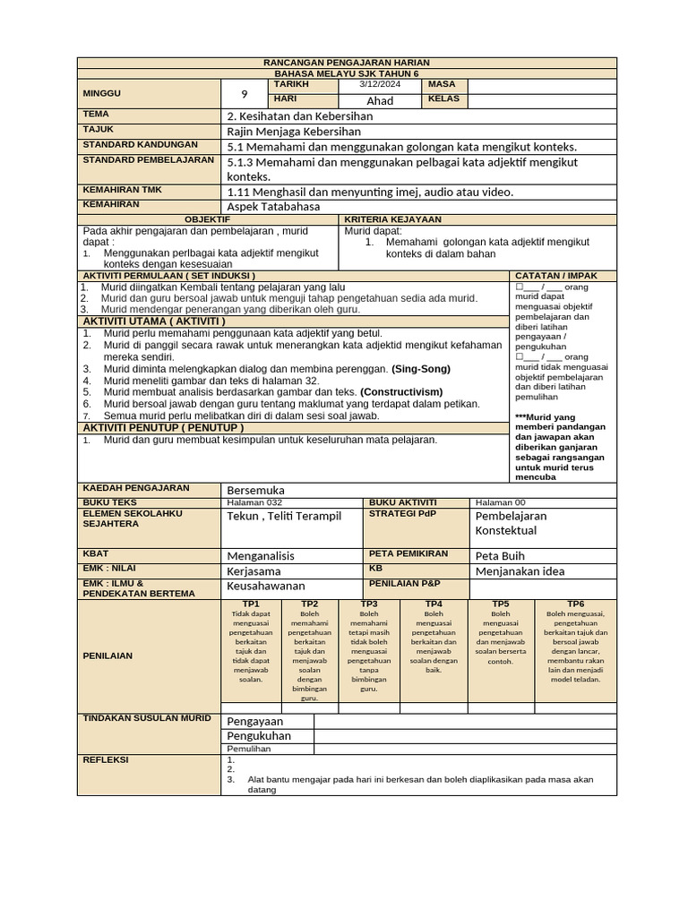 Rph Minggu 9 Bm Sjk Thn 6 2024 by Cikgu Gorgeous | PDF