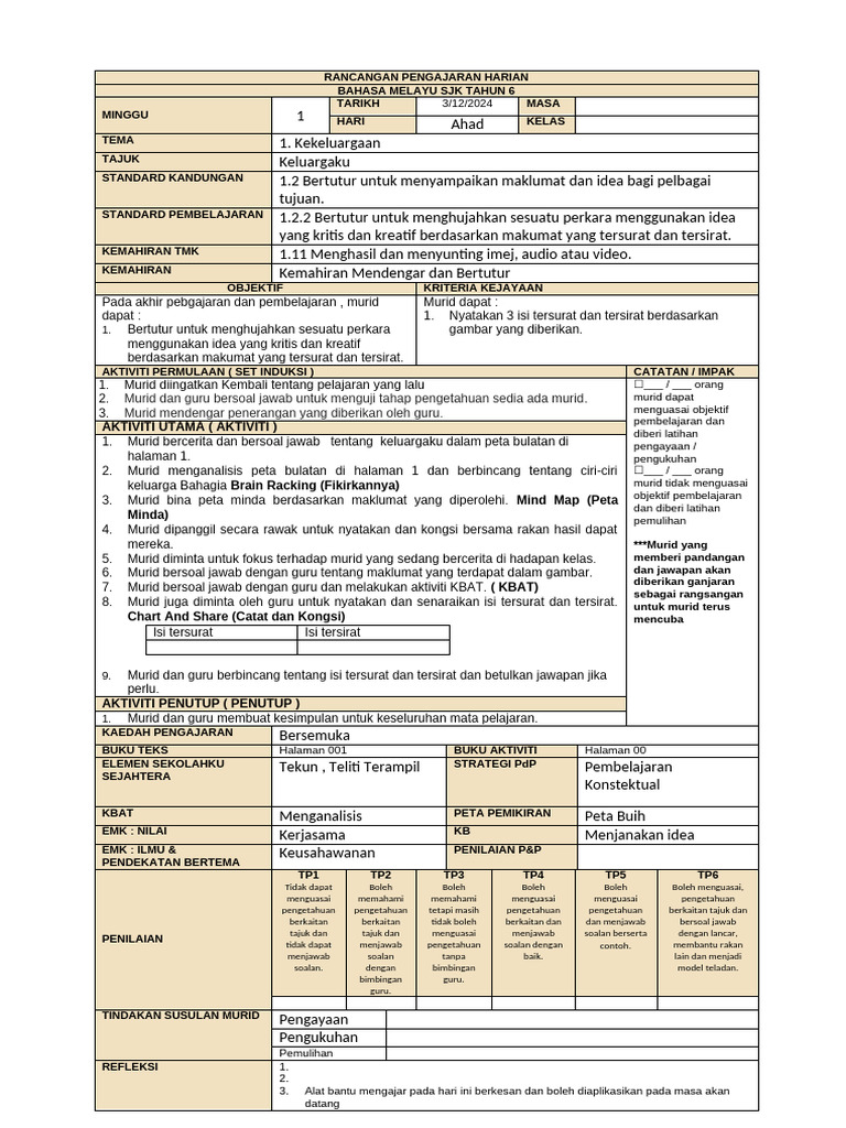 RPH Minggu 1 BM SJK THN 6 2024 by Cikgu Gorgeous | PDF