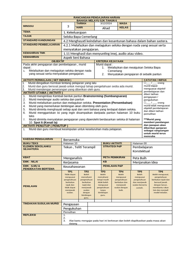 Rph Minggu 3 Bm Sjk Thn 6 2024 by Cikgu Gorgeous | PDF