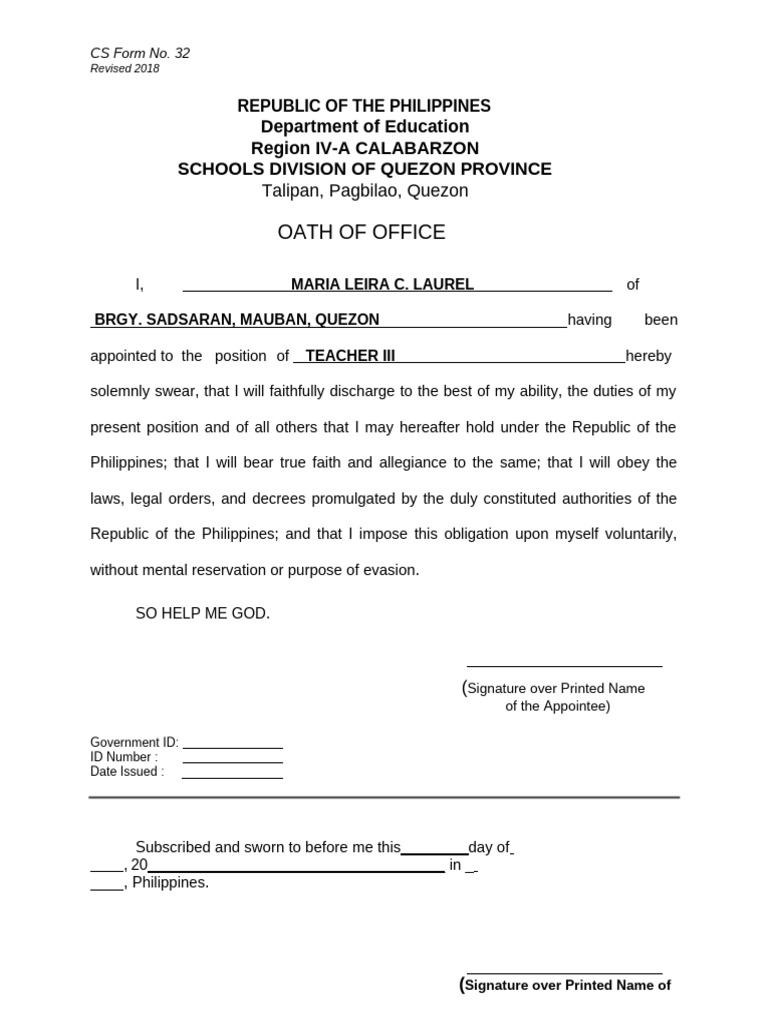 Teacher III Oath of Office Form | PDF