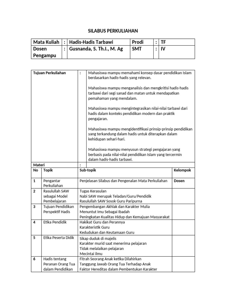 SILABUS PERKULIAHAN HADIS TARBAWI - Salin | PDF