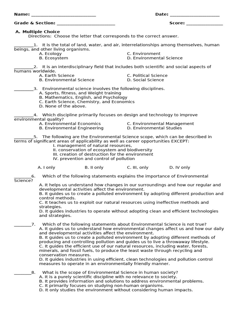 Environmental Science Quiz #1 | PDF | Environmental Science | Science