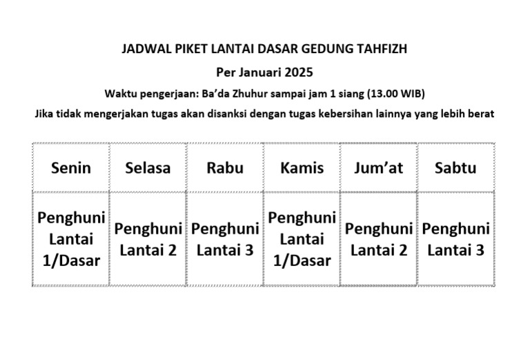 Jadwal Piket Lantai Dasar Gedung Tahfizh | PDF