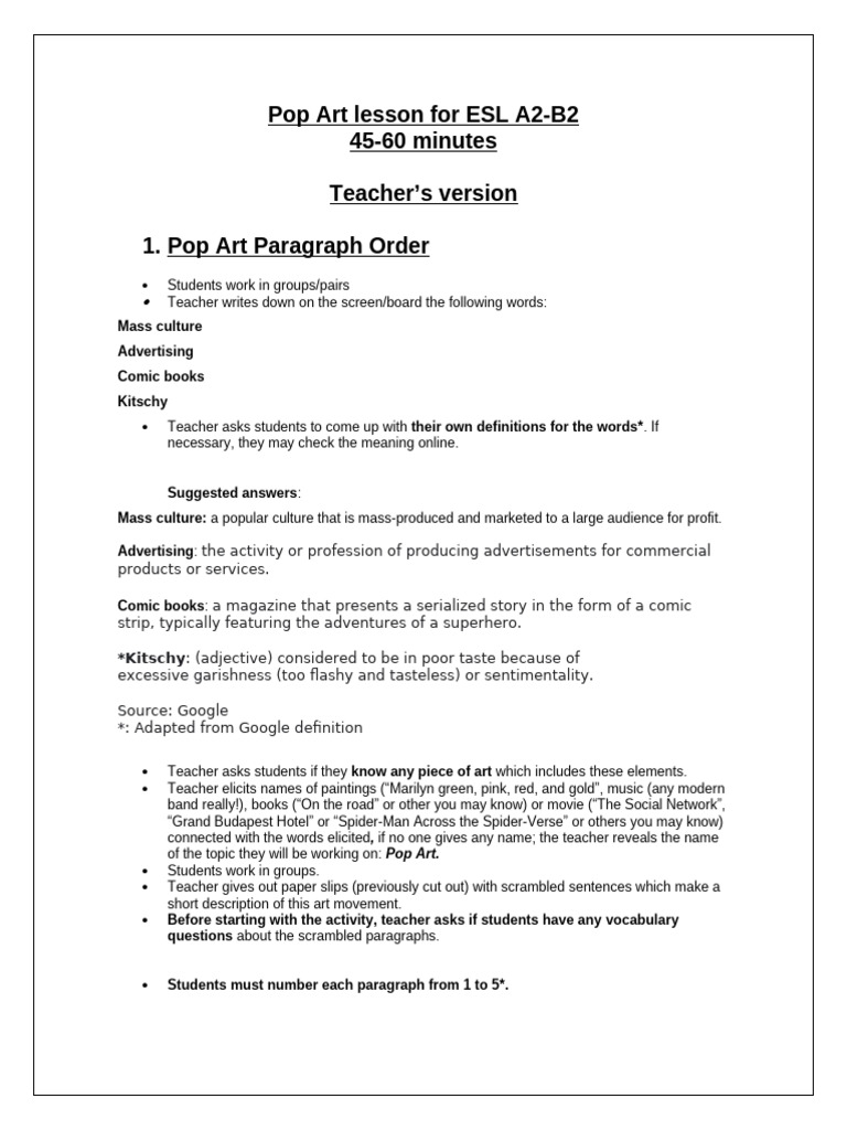 ESL Pop Art Lesson Plan A2-B2 | PDF | Paintings | The Arts