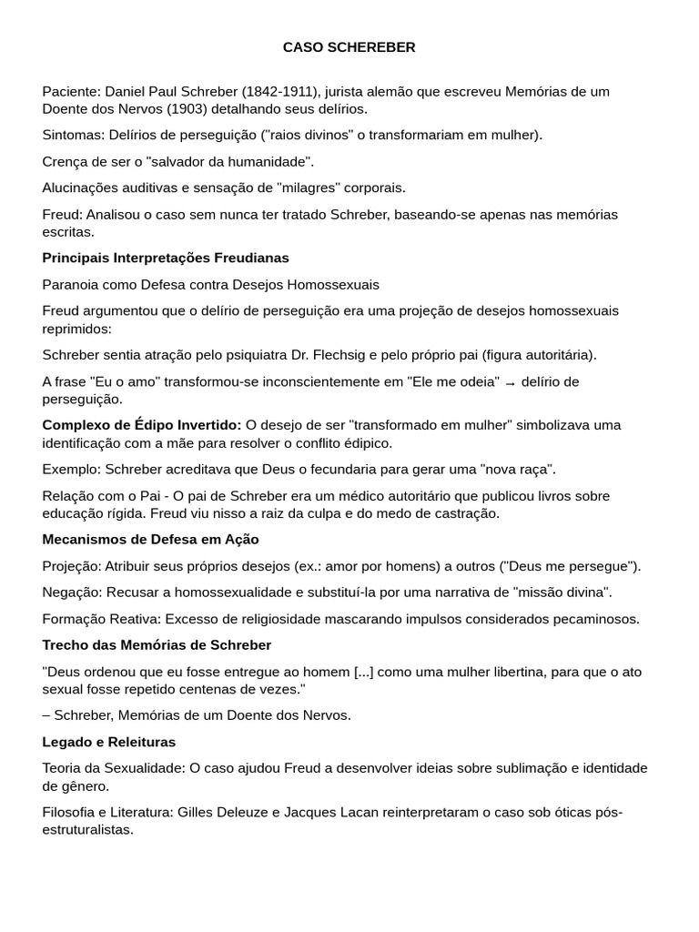 Análise do Caso Schreber e Freud | PDF