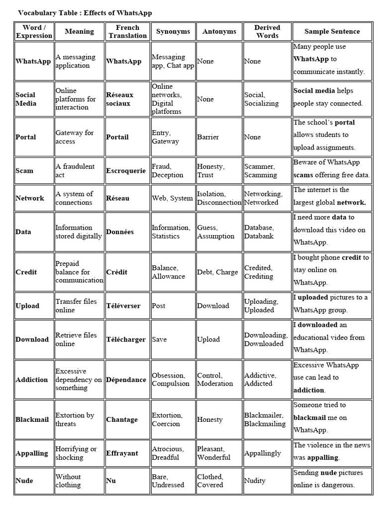 Vocabulary Table Effects of Whatsapp | PDF | Extortion | Cyberspace