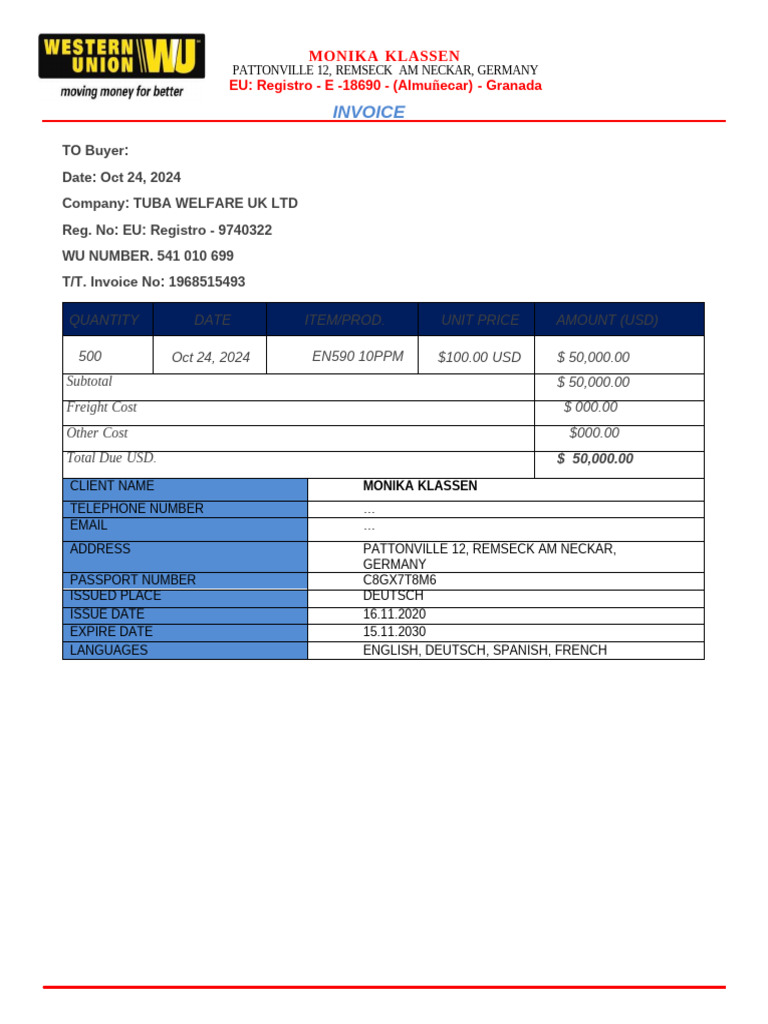 Western Union Invoice for Monika Klassen | PDF