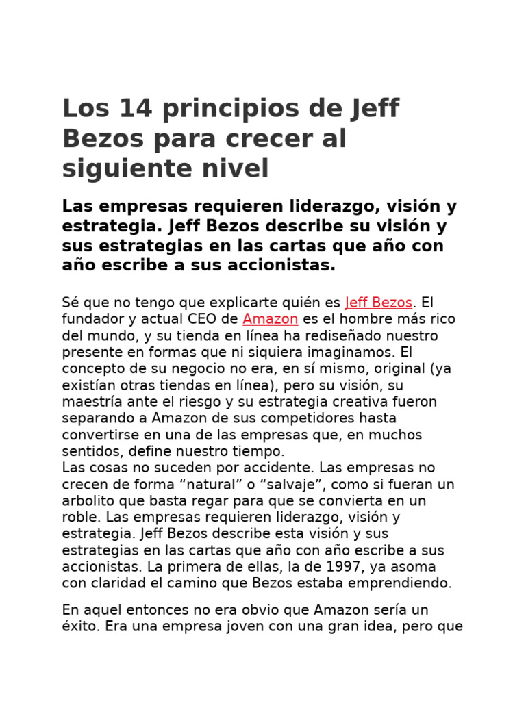 Los 14 Principios de Jeff Bezos para Crecer Al Siguiente Nivel | PDF | Liderazgo