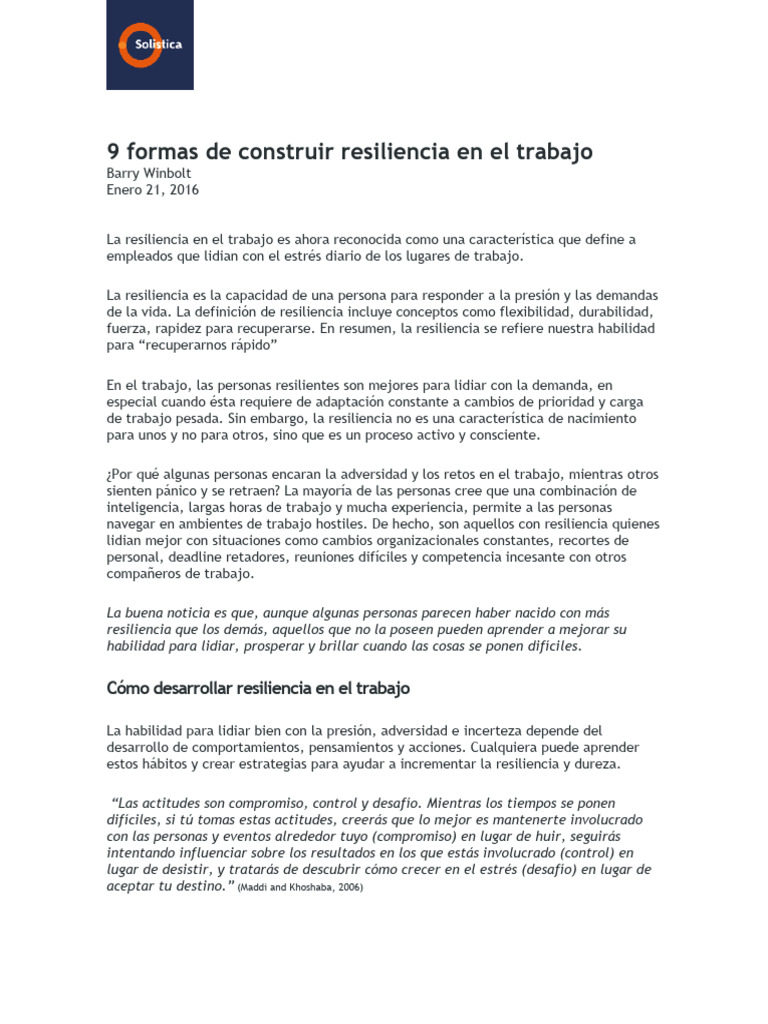 9 formas de construir resiliencia en el trabajo | PDF | Resiliencia psicológica | Estrés (biología)