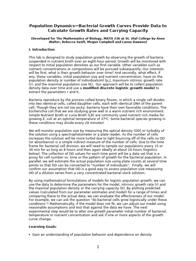 Student Handout Population Dynamics | PDF | Colony Forming Unit | Bacteria