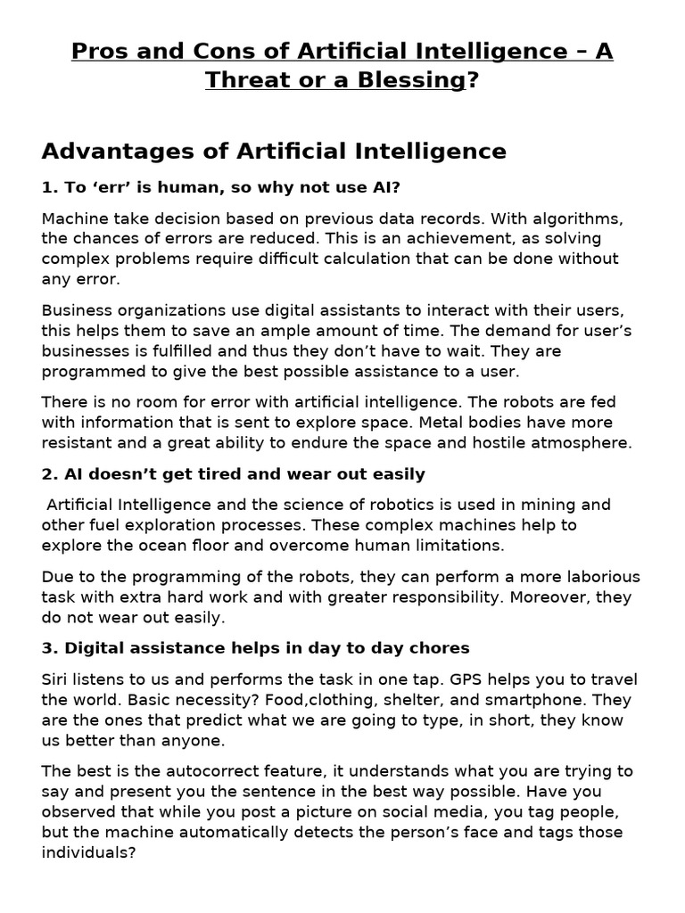 Pros and Cons of AI: Benefits & Risks | PDF | Artificial Intelligence ...