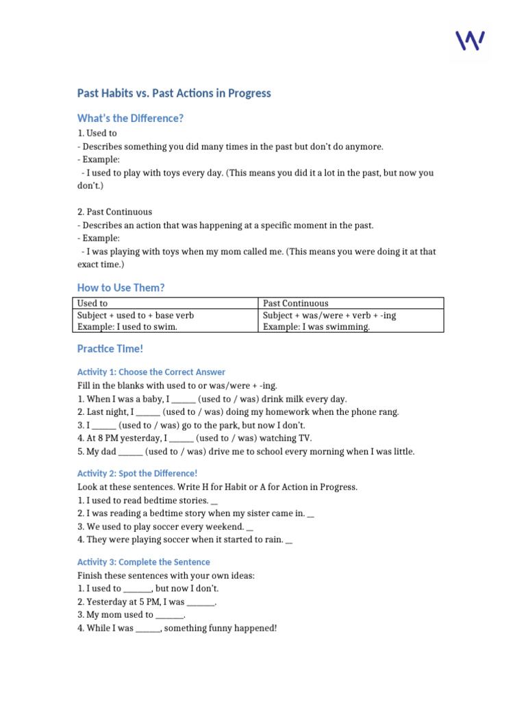 Past Habits Vs Past Actions Handout | PDF