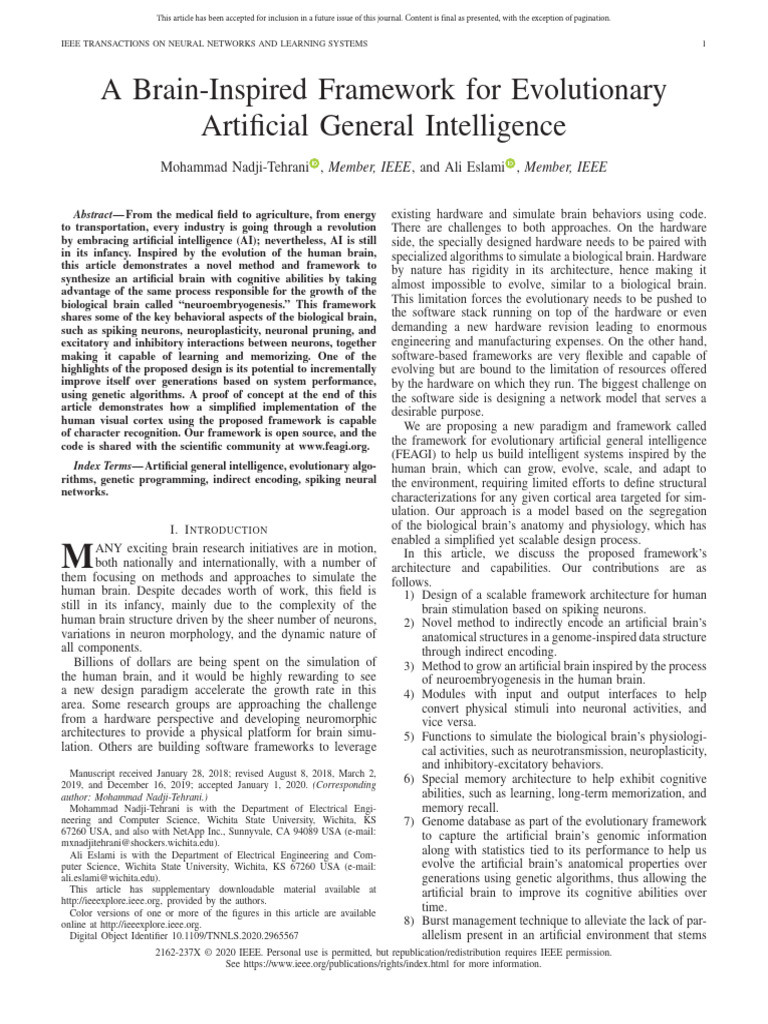 A Brain-Inspired Framework for Evolutionary Artiﬁcial General Intelligence | PDF | Chemical ...