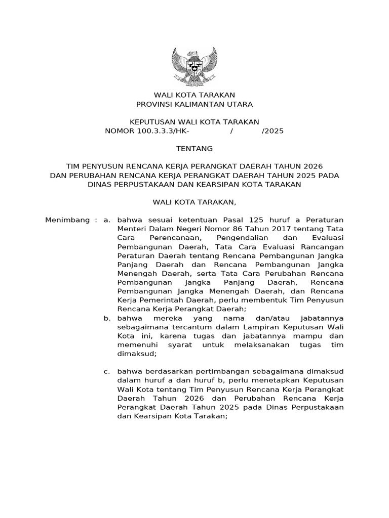 SK WALI KOTA Tim Penyusun Renja 2026 Dan Perubahan Renja 2025 - DISPUSPAN - EDIT OKE | PDF
