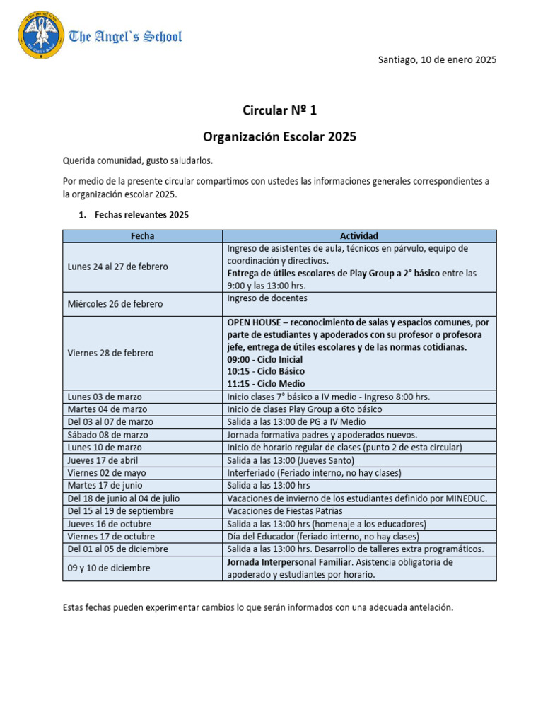 Circular N1 Organización Escolar 2025 | PDF | Plan de estudios | Pedagogía