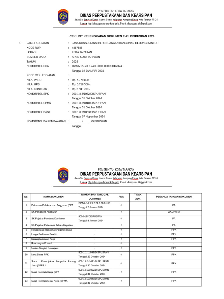 Cek List Kelengkapan Dokumen E-Pl | PDF