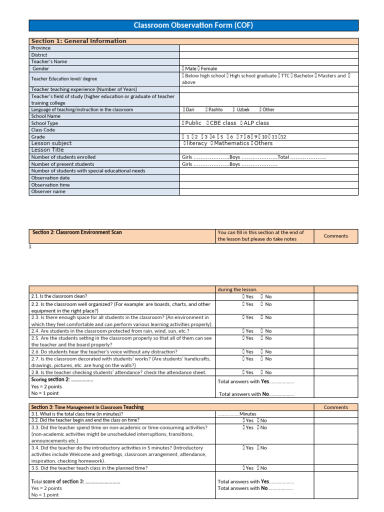 Classroom Observation Form Template | PDF | Teachers | Lesson Plan