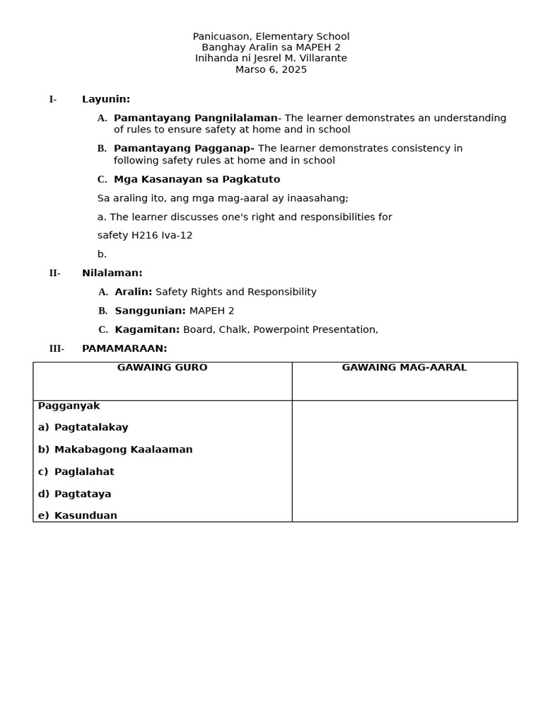 Mapeh ELementary LP Week 5 | PDF