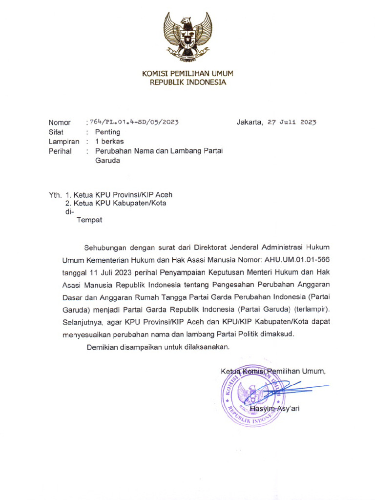 764 SD Ketua Kepada KPU Prov Kab Kota Perihal Perubahan Nama Dan ...
