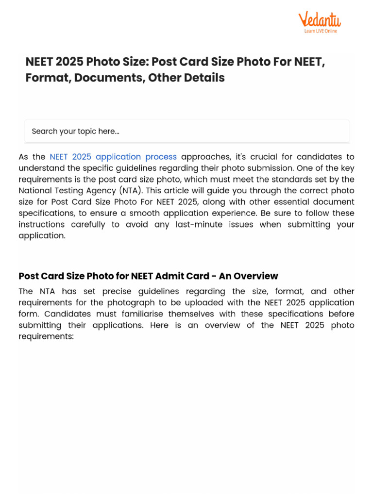 NEET 2025 Photo Size - Post Card Size Photo For NEET, Format, Documents ...