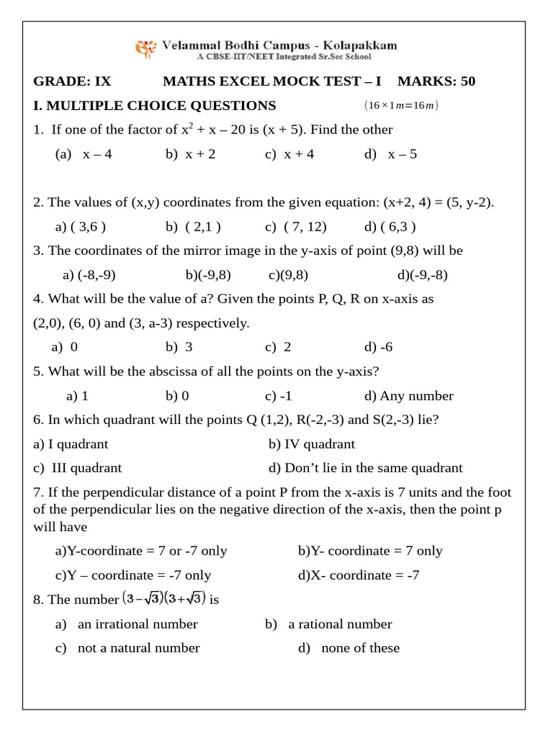 IX Maths Excel Mock Test I | PDF | Cartesian Coordinate System | Triangle