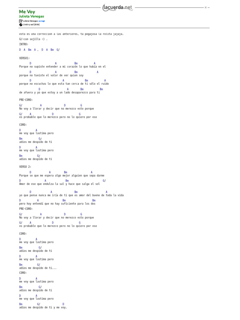 ME VOY, Julieta Venegas - Acordes | PDF