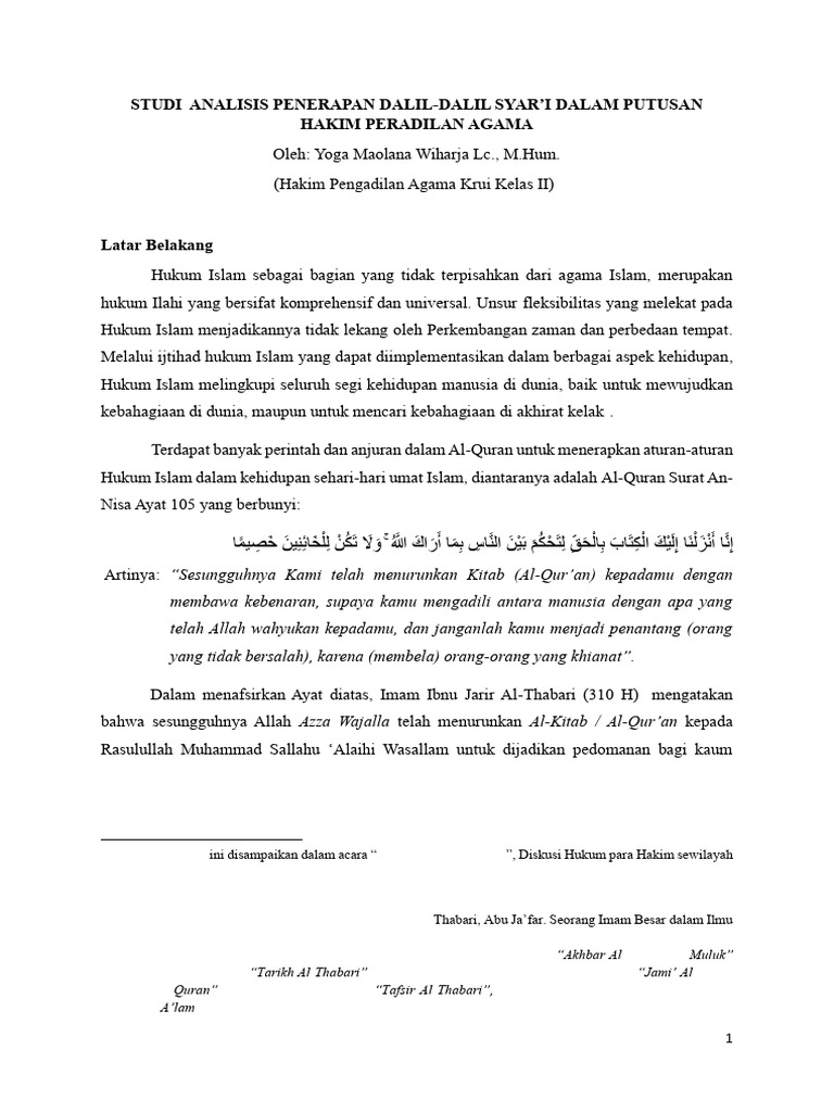 Studi Analisis Penerapan Dalil-dalil Syar’i Dalam Putusan Hakim Peradilan Agama | PDF