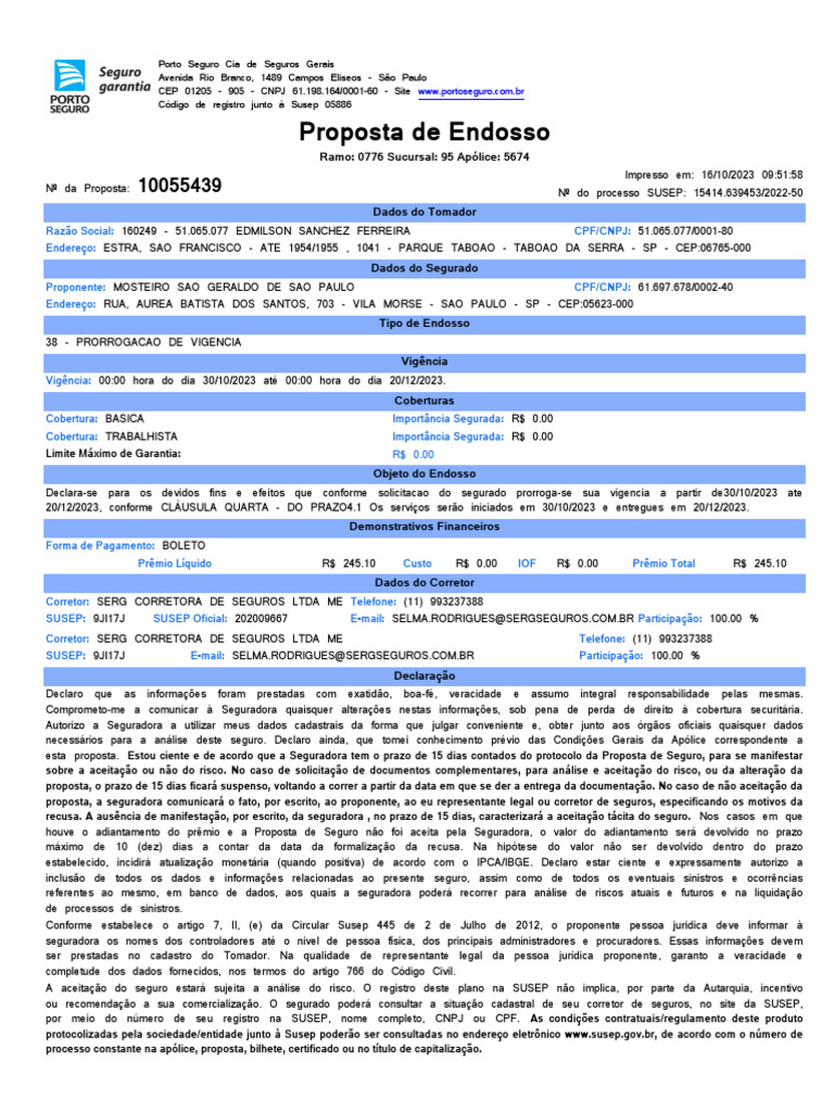 2023 - Proposta Porto - Endosso Alteracao de Vigencia - Mosteiro Sao Geraldo | PDF | Seguro ...