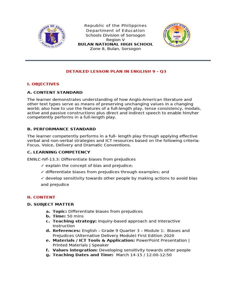English 9 Lesson Plan: Bias vs. Prejudice | PDF | Prejudices | Bias