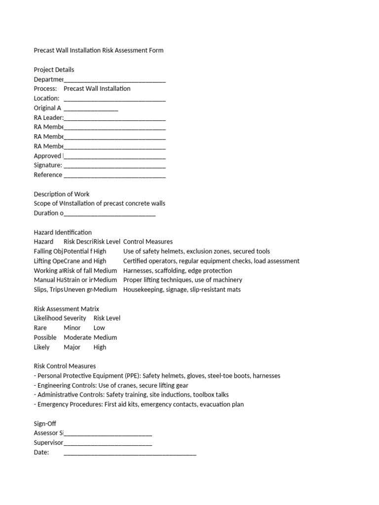 Precast Wall Installation Risk Assessment | PDF