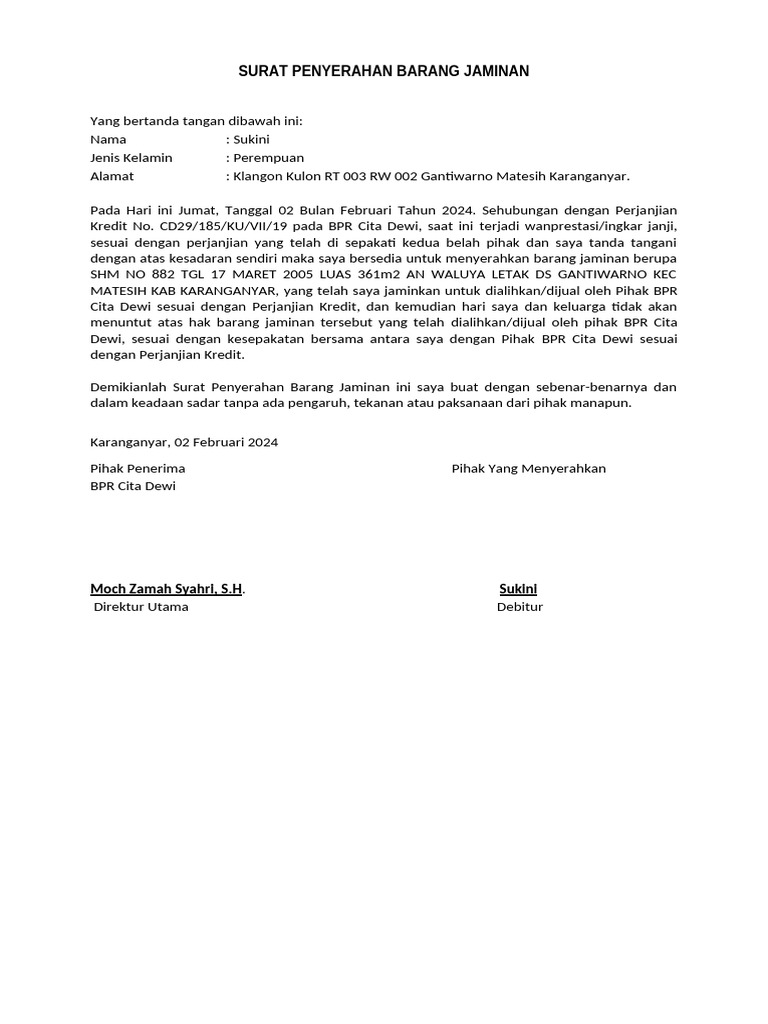 Surat Penyerahan Barang Jaminan | PDF