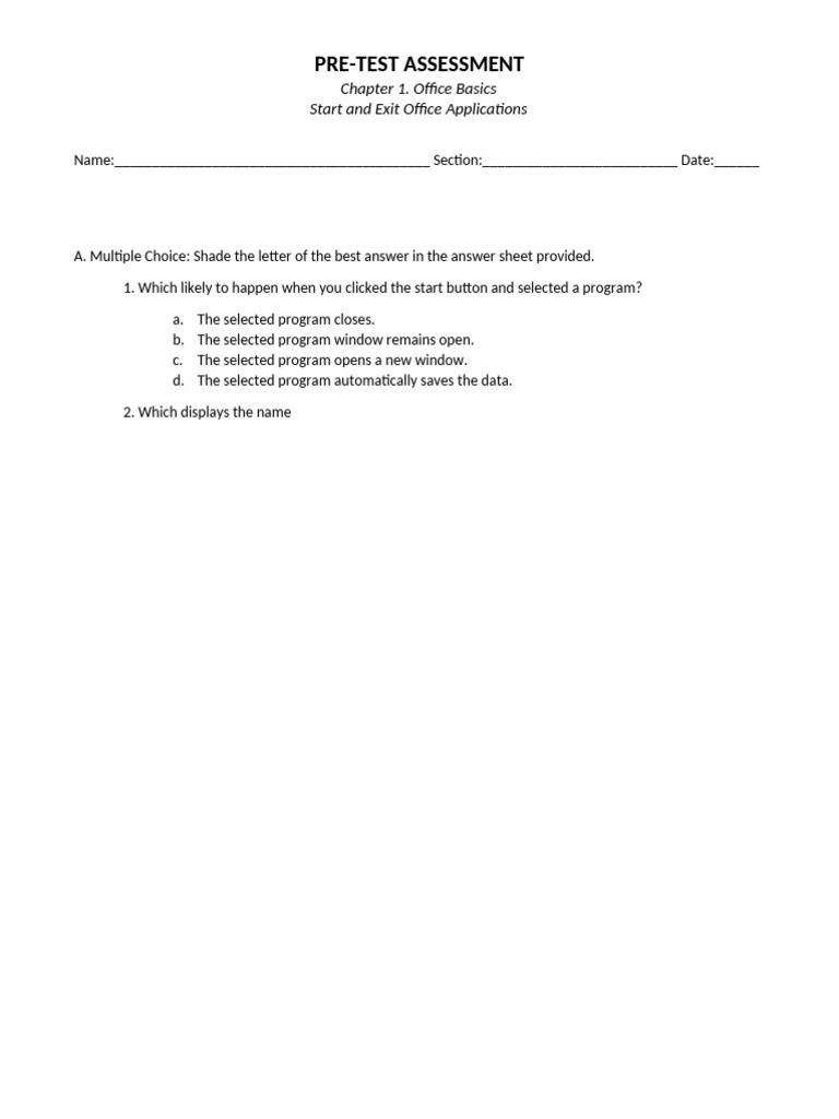 Pre-Test Assessment: Chapter 1. Office Basics Start and Exit Office ...