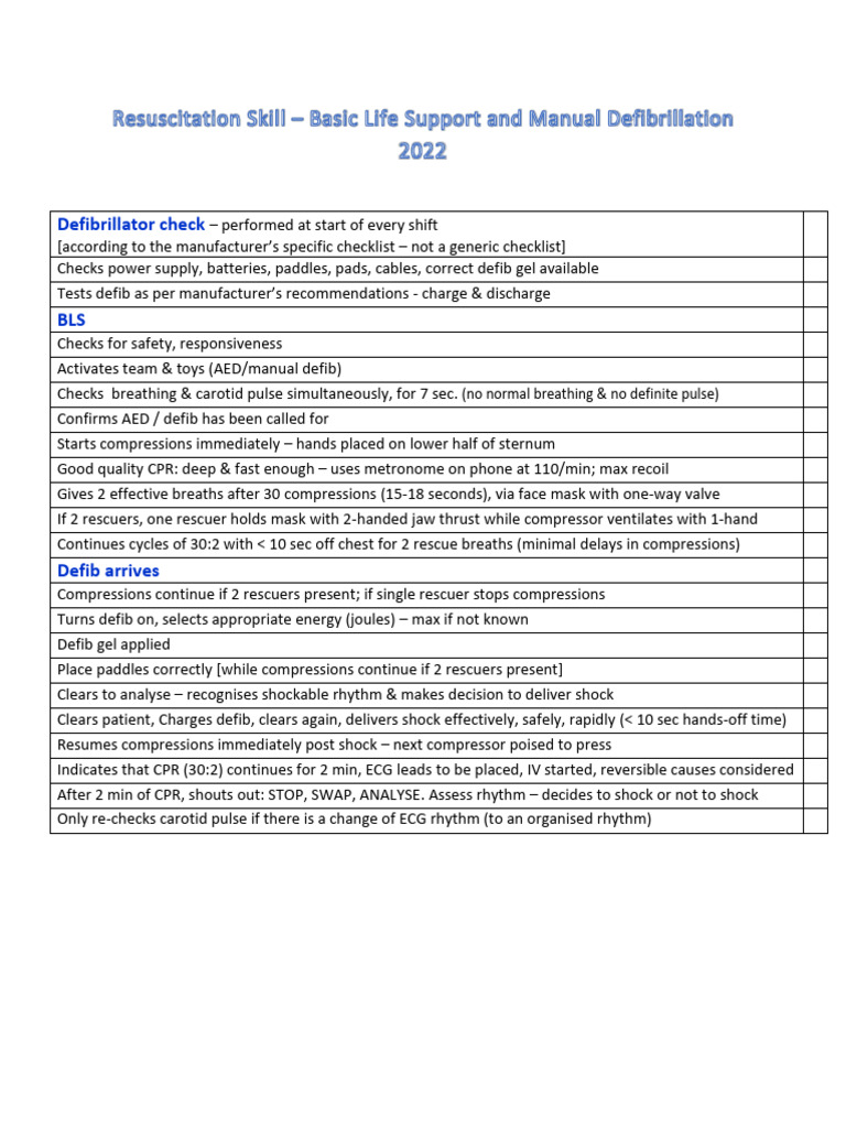 Resuscitation Skills Checklist 2022 GEMP 4 | PDF | Cardiopulmonary Resuscitation | Heart