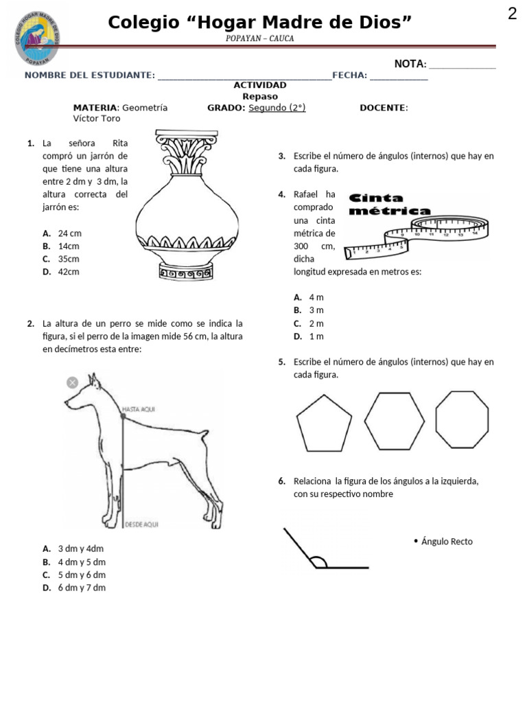 Taller 011 Geo 2 Repaso Med Con y Ang | PDF | Ángulo | Geometría