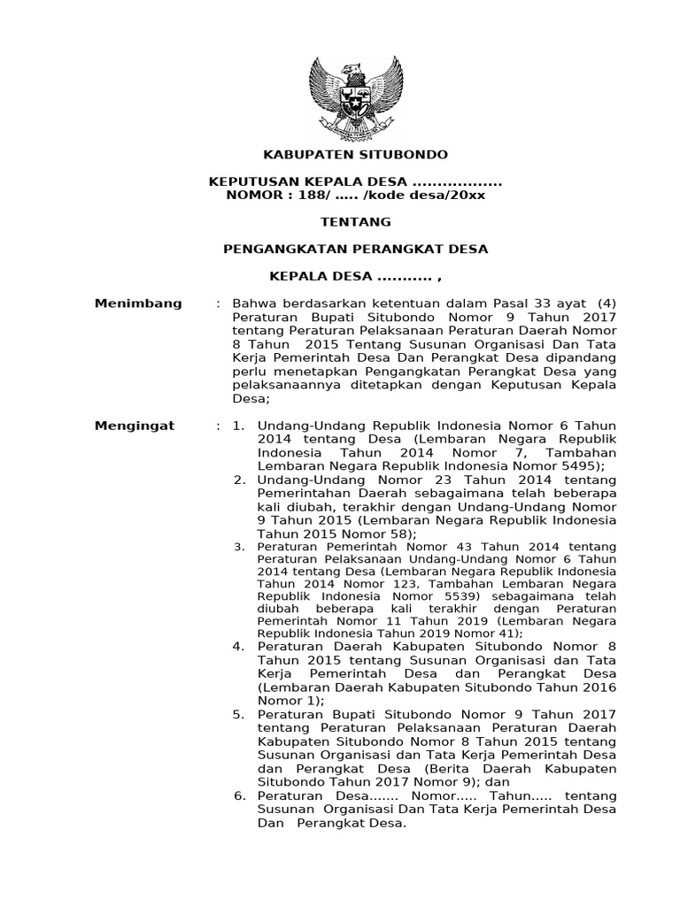 Contoh SK Pengangkatan Perangkat Desa (SOTK) | PDF