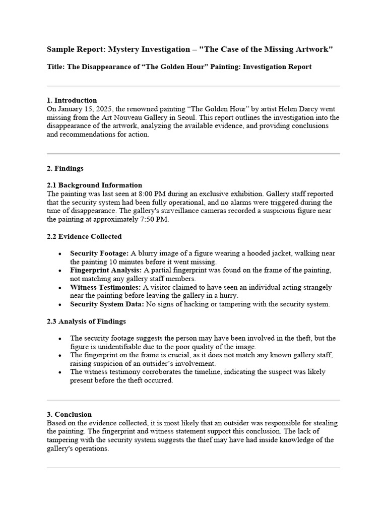 Sample Report - The Case of The Missing Artwork | PDF | Closed Circuit ...