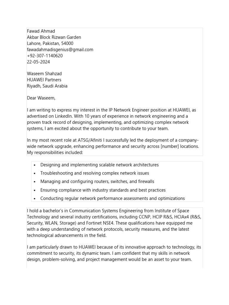 Cover Letter Fawad Ahmad | PDF