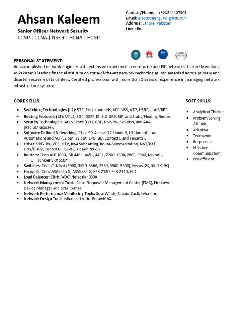 Ahsan Kaleem Resume | PDF | Computer Network | Cisco Certifications