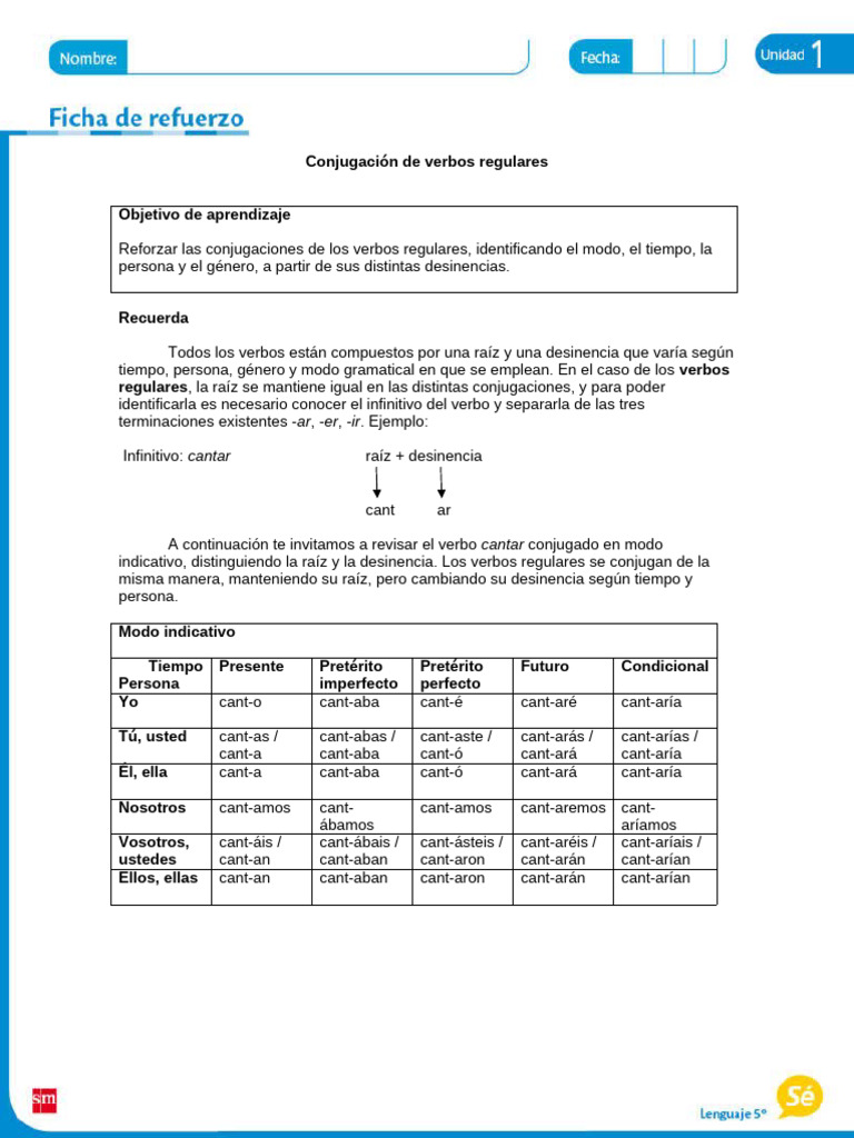 Ficha Refuerzo Lenguaje 5 U1 | PDF | Verbo | Conjugación gramatical