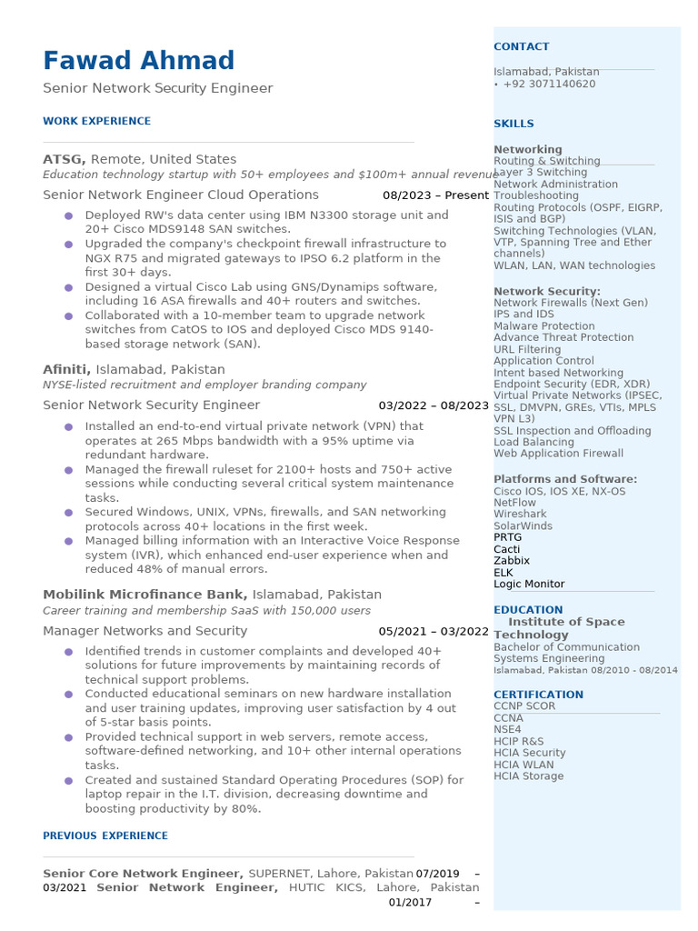 Fawad Ahmad Resume 2024 | PDF | Computer Network | Firewall (Computing)