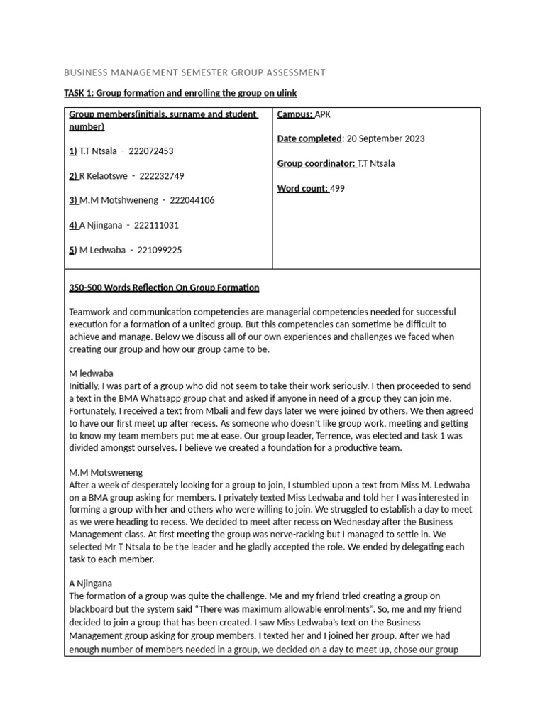 Business Management Semester Group Assessment | PDF