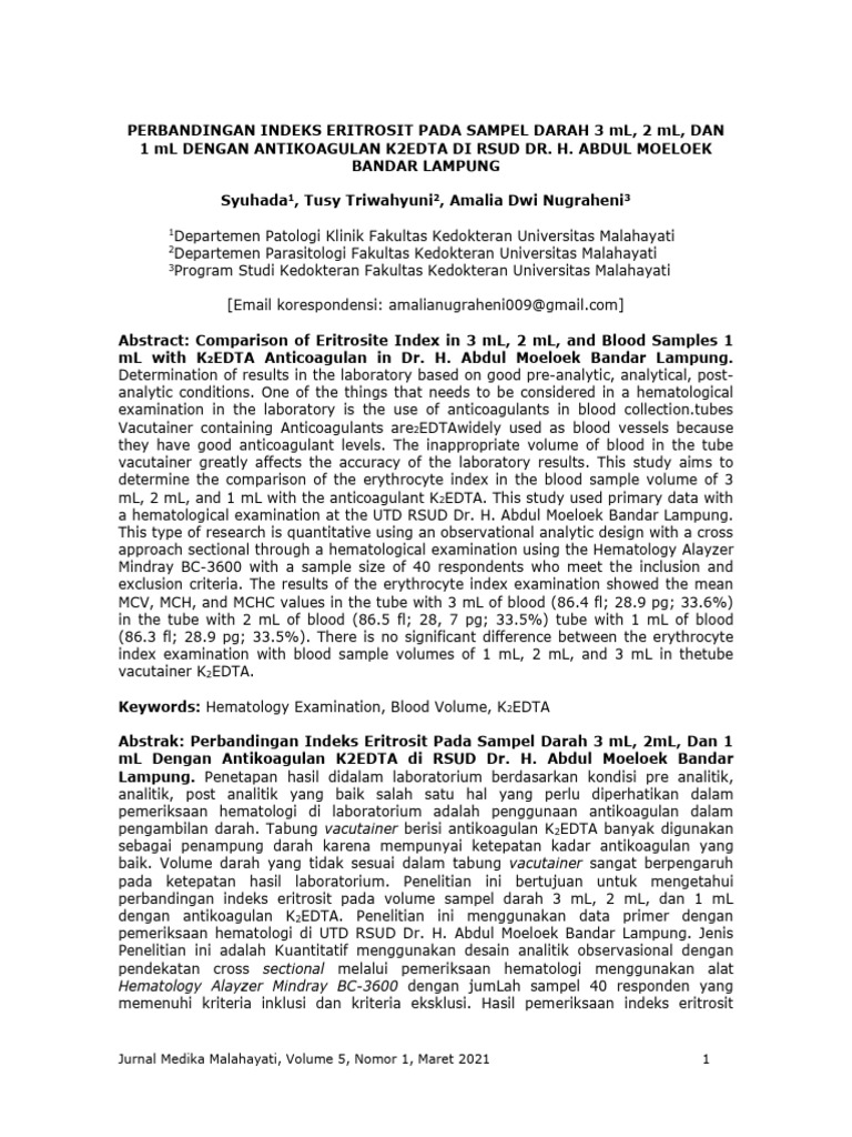 Perbandingan Indeks Eritrosit Pada Sampe | PDF