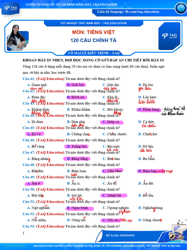 120 Câu Chính T: Môn: Ti NG Vi T | PDF