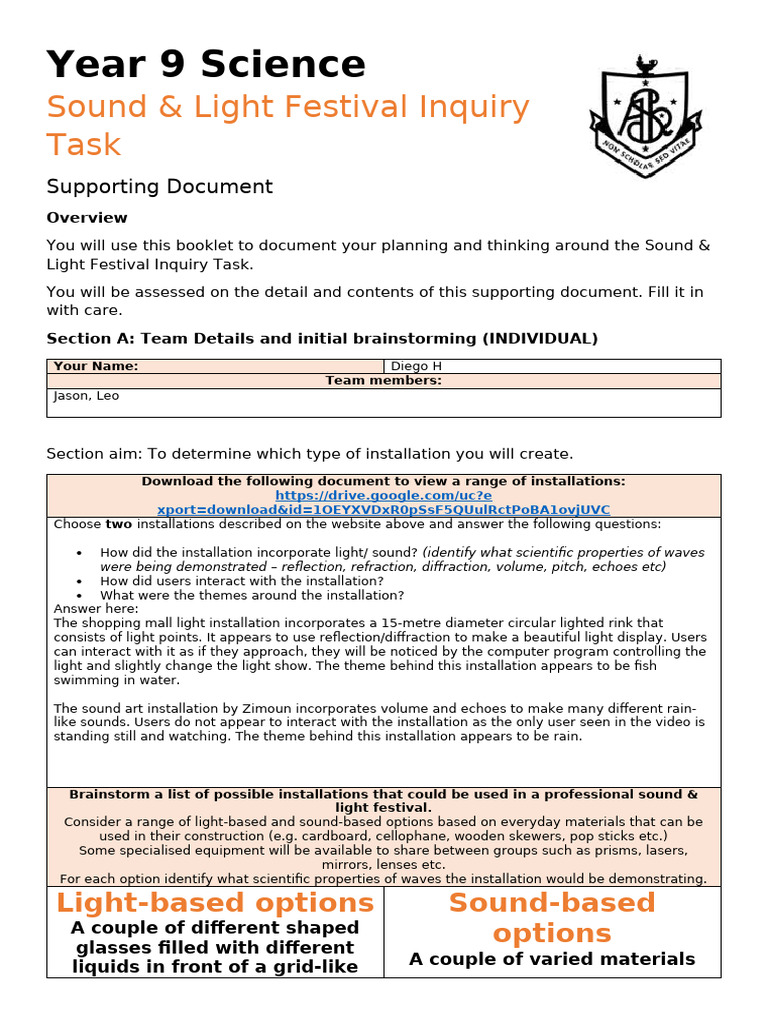 Year 9 Science Sound and Light Festival IT Supporting Document 2024 ...