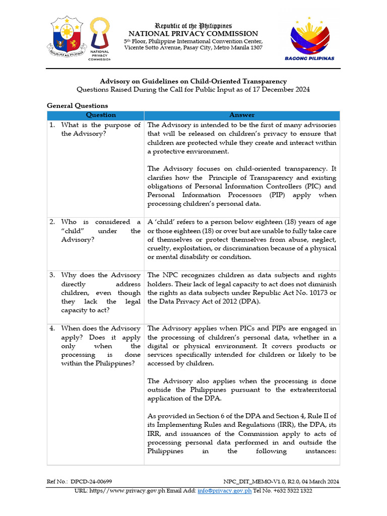 FAQs Advisory On Guidelines On Child Oriented Transparency | PDF | Privacy | Consent