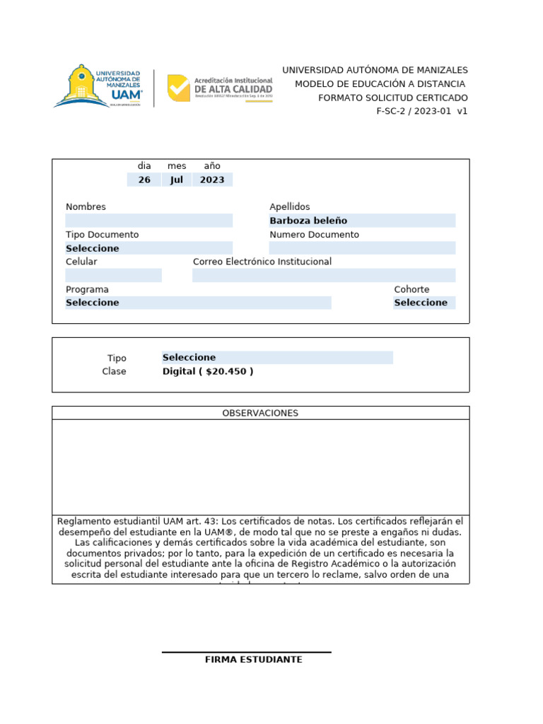 Solicitud Certificado Formato 2023-01 | PDF