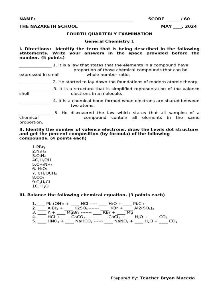 Quarter Exam in Gen Chem 1 Final | PDF