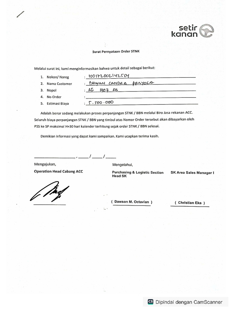 Surat Pernyataan Order STNK Bryan Candra | PDF