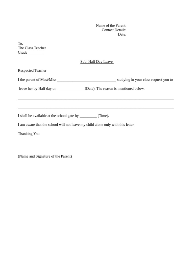 Half Day Leave Application Template | PDF