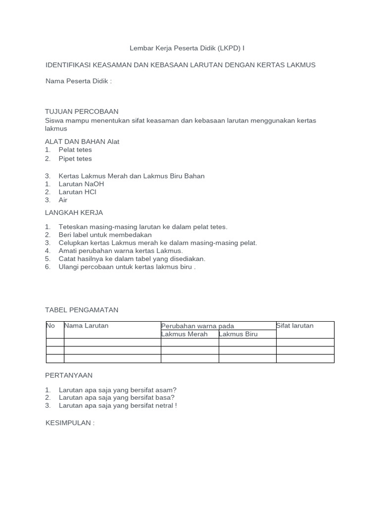Lkpd-1 Uji Asam Basa Dengan Lakmus | PDF